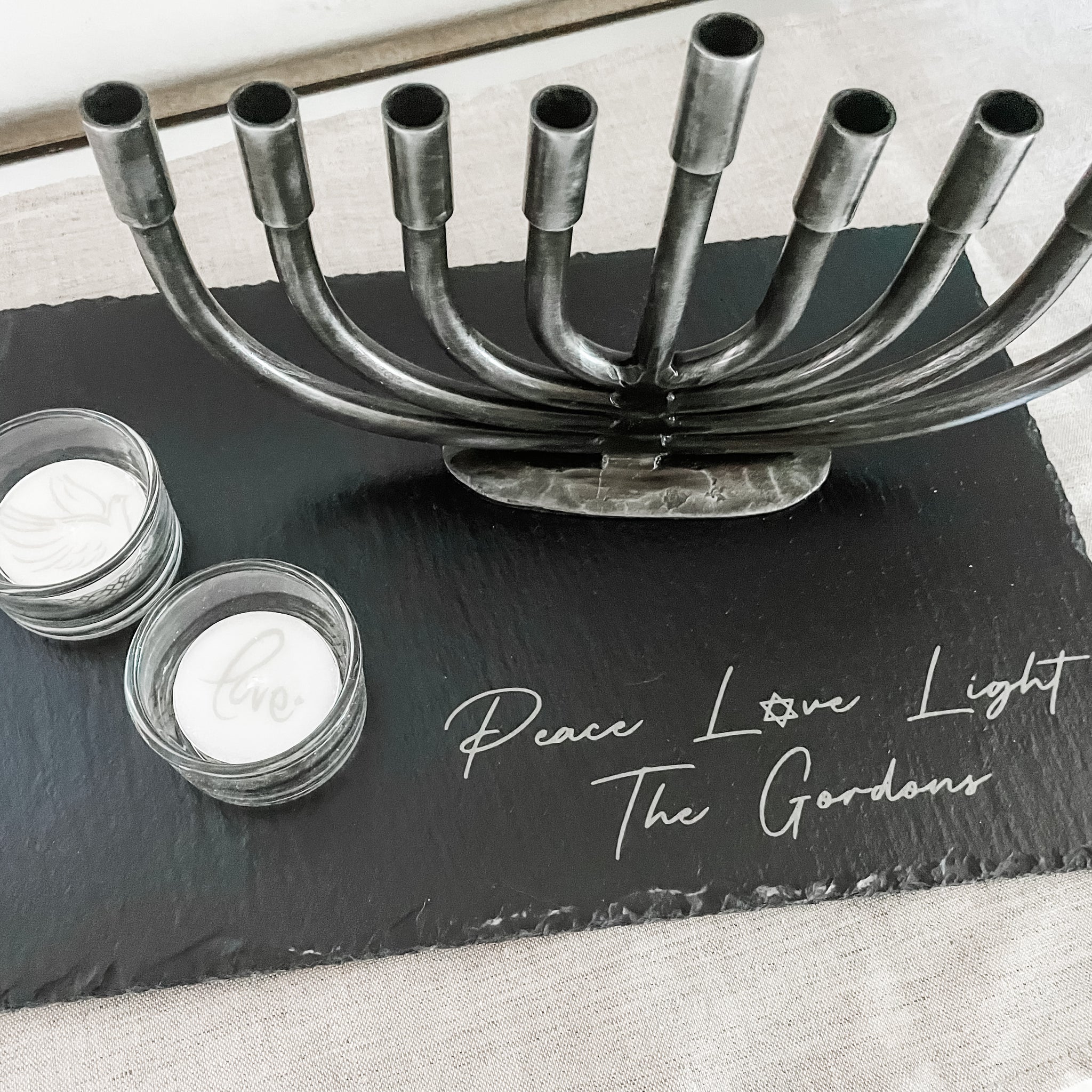 Personalized engraved slate Hanukkah menorah, Shabbat candle drip tray ...